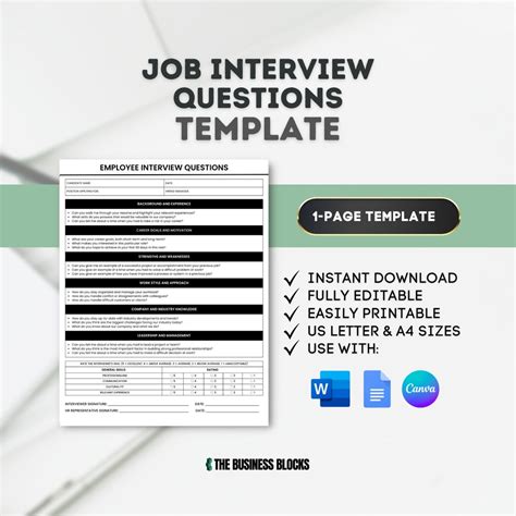 Job Interview Questions Template Editable Hr Guide Digital Download