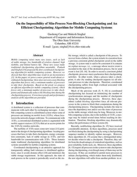 Pdf On The Impossibility Of Min Process Non Blocking Checkpointing