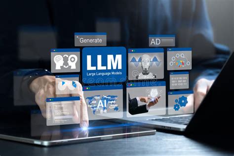 Llm Ai Large Language Model Concept Businessman Use Tablet And Laptop With Llm Icons Stock