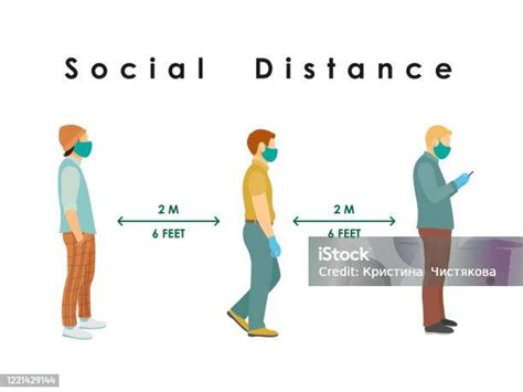 사회적 거리 2 미터 또는 6 피트의 안전한 거리에 줄에 서 의료 마스크와 장갑에 만화 아픈 사람들의 전체 길이 플랫 벡터 일러스트레이션 건강관리와 의술에 대한 스톡 벡터