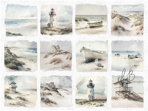 Soft Coastal Watercolor Pngs Digital Coastal Scene Pngs Beach