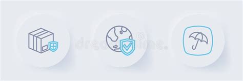 Set Line Umbrella Shield With World Globe And Delivery Security Shield Icon Vector Stock