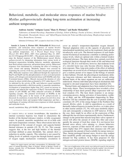 Pdf Behavioral Metabolic And Molecular Stress Responses Of Marine