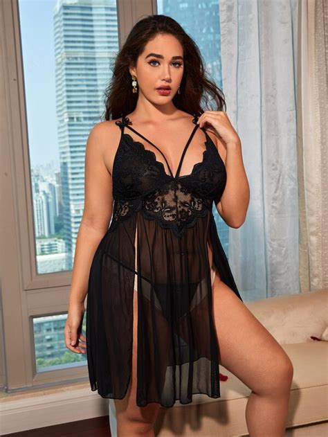 Classic Sexy Plus Contrast Lace Mesh Slips With Thong Shein Eur