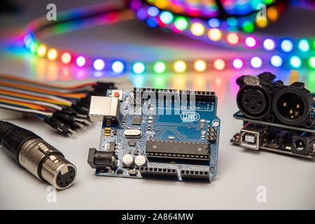 Arduino Uno Displayed With LED Strip Jumper Wires Breadboard LCD Display And Ultrasonic