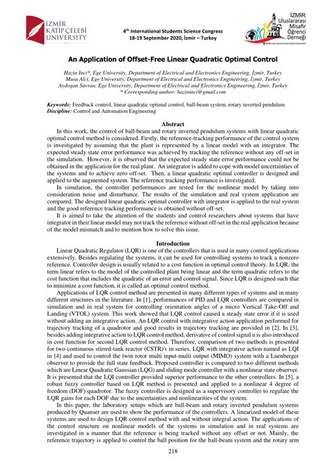 Pdf An Application Of Offset Free Linear Quadratic Optimal Control