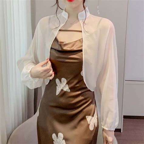 Wenque แขนเสื้อยาว แจ็คเก็ตผ้าคลุมไหล่ขนาดเล็กผ้าชีฟอง โปร่งใสโปร่งใส บางเฉียบมาก เสื้อคาร์ดิแกน