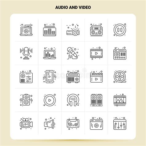 Outline 25 Audio And Video Icon Set Vector Line Style Design Black Icons Set Linear Pictogram