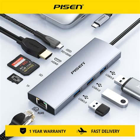 Pisen Hub Type C USB C To USB 3 0 HDMI Compatible 8 In 1RJ45 PD100W Adapter 5 In 1 Type C Hub