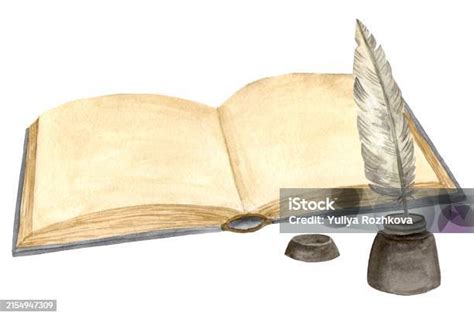 잉크병에 깃털이 달린 책을 엽니다 수채화 손으로 그린 그림은 흰색 배경에 고립되어 있습니다 디자인 카드 전단지 및 초대장을 위한 템플릿입니다 0명에 대한 스톡 벡터 아트 및