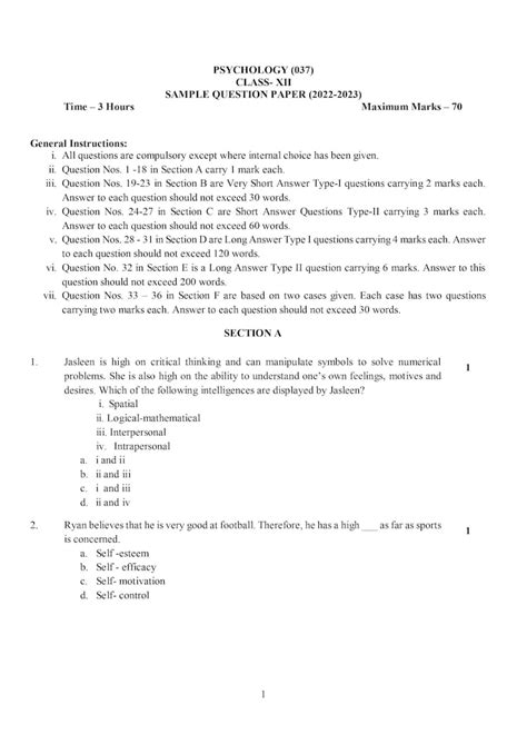 Cbse Class 12 Psychology Sample Paper With Solutions Solve This