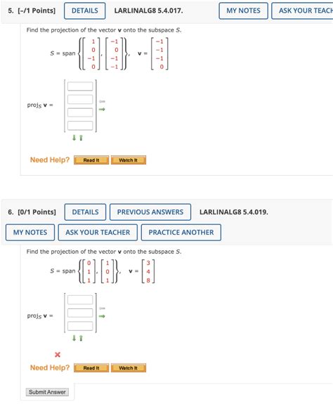 Solved Find The Projection Of The Vector V Onto The Subspace