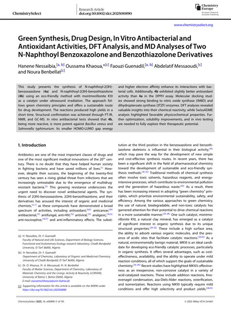 Green Synthesis Drug Design In Vitro Antibacterial And Antioxidant Activities Dft Analysis