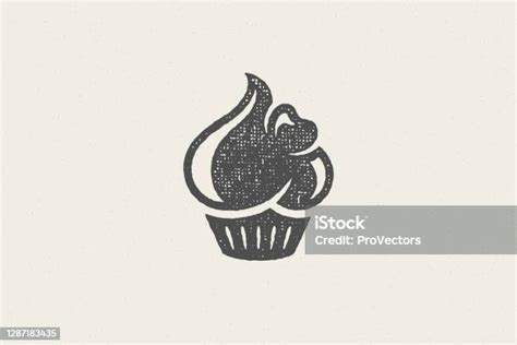 베이커리 핸드 그린 스탬프 효과 벡터 일러스트레이션을 상징하는 크림이 있는 컵케이크의 레트로 엠블럼 실루엣 로고에 대한 스톡 벡터 아트 및 기타 이미지 Istock