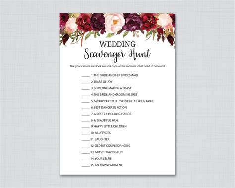 Wedding Scavenger Hunt Blush Wine Floral Wedding Shower Wedding Reception Games Reception
