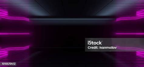 보라색 컬러와 빈 공간 중간 3d 렌더링에 빛나는 빛 관 네온 현대 미래 하이테크 어두운 방에서 0명에 대한 스톡 사진 및 기타 이미지 Istock