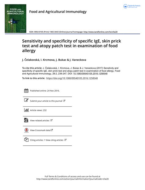 Pdf Sensitivity And Specificity Of Specific Ige Skin Prick Test And Atopy Patch Test In