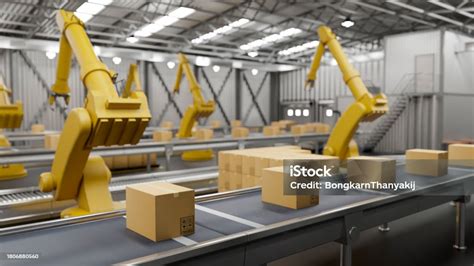컨베이어 벨트에 현대적인 로봇 팔과 판지 상자가 있는 현대적인 유통 창고 0명에 대한 스톡 사진 및 기타 이미지 0명 3차원 형태 공장 산업 건물 Istock