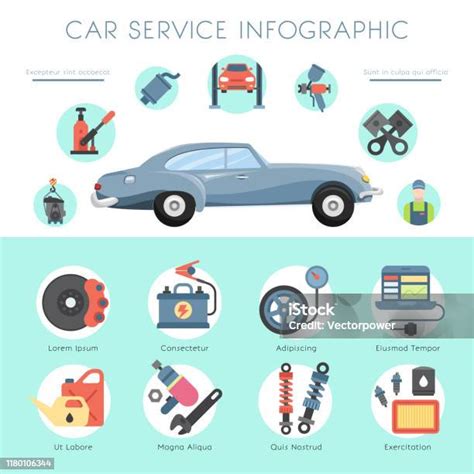 자동차 차고 서비스 인포 그래픽 수리 역 배너 정비사 차량 자동 벡터 그림입니다 운송 기술자 기계 검사 엔진 가게 수리에 대한 스톡 벡터 아트 및 기타 이미지 Istock