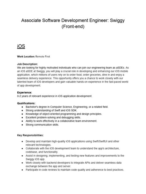 Job Description Swiggy Asde Front End Pdf Software Development