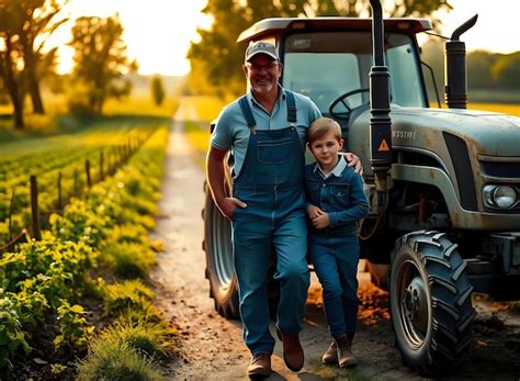 Country Landscape Photo Of Farmer And Son Working Premium Ai