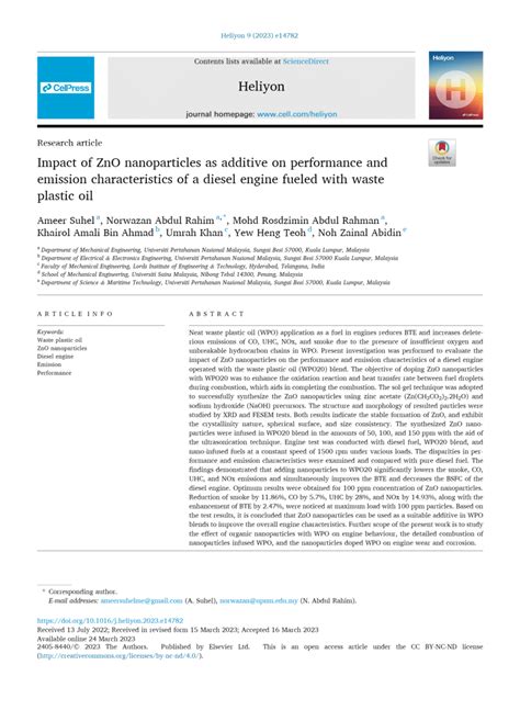 Pdf Impact Of Zno Nanoparticles As Additive On Performance And Emission Characteristics Of A