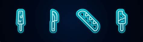 세트 라인 아이스크림 나이프 프렌치 바게트 빵과 빛나는 네온 아이콘 벡터 끈적거리는에 대한 스톡 벡터 아트 및 기타 이미지