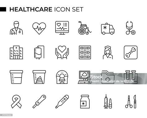 의료 개념 얇은 선 아이콘 세트에는 의사 심장 박동 심전도 휠체어 구급차 청진기 의료 클리닉 혈액 혈청 의료 엑스레이 수술 등과 같은 아이콘이 포함되어 있습니다 아이콘에