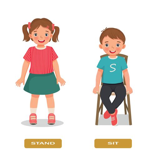 Opposite Adjective Antonym Words Sit And Stand Illustration Of Little