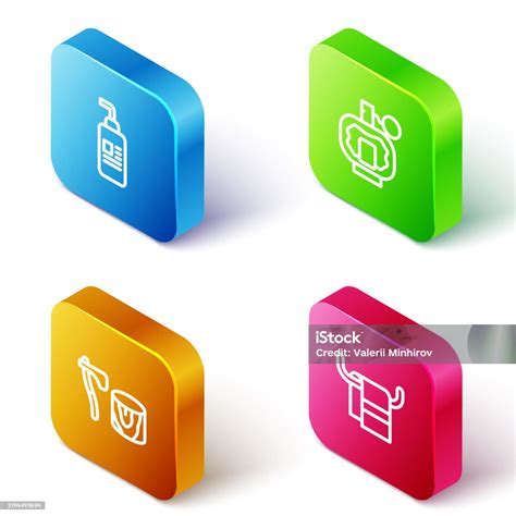 아이소 메트릭 라인 크림 또는 로션 화장품 튜브 애프터 쉐이브 그루터기에 나무 도끼 및 수건 걸이 아이콘을 설정합니다 벡터 3차원 형태에 대한 스톡 벡터 아트 및 기타