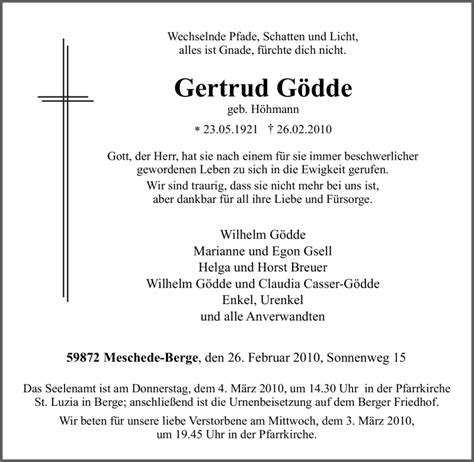 Traueranzeigen Von Gertrud Gödde Trauer In Nrw De