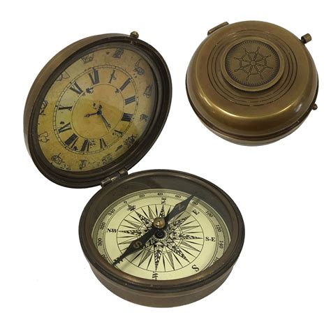 3 Antiqued Brass Compass And Clock With Hinged Lid Antique