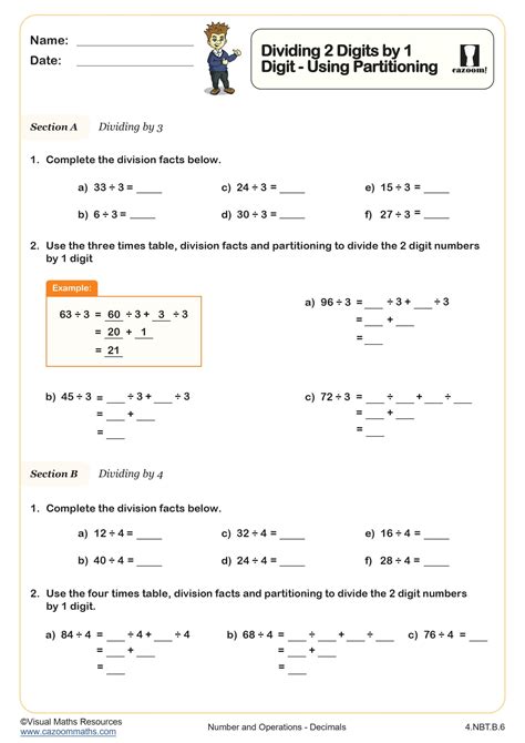 Dividing 2 Digits By 1 Digit Using Partitioning Worksheet Printable