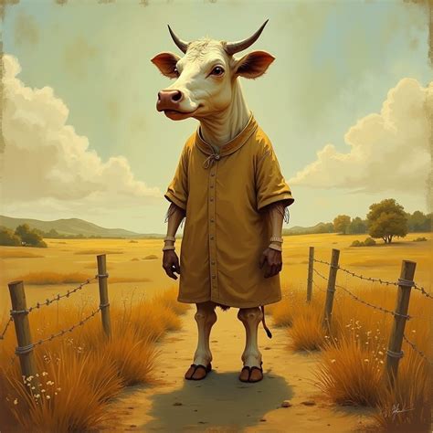 Human Cow Cow Man Standing In Whimsical Countryside