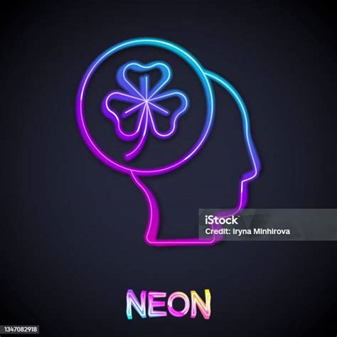 검은 배경에 고립 된 클로버 트레포일 리프 아이콘과 빛나는 네온 라인 인간의 머리 해피 세인트 패트릭의 날 아일랜드 공휴일 벡터 3에 대한 스톡 벡터 아트 및 기타 이미지