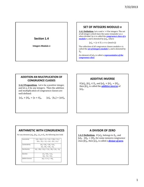 section 1 4 set of integers modulo n additive inverse