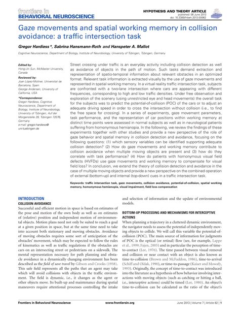 Pdf Gaze Movements And Spatial Working Memory In Collision Avoidance A Traffic Intersection Task