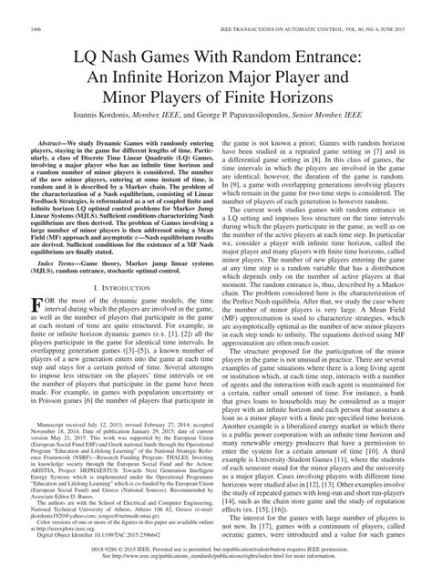 Pdf Lq Nash Games With Random Entrance An Infinite Horizon Major