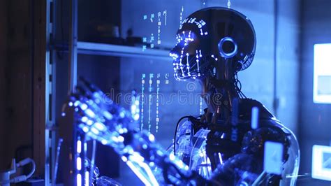Humanoid Robot Being Programmed With Binary Code Stock Illustration