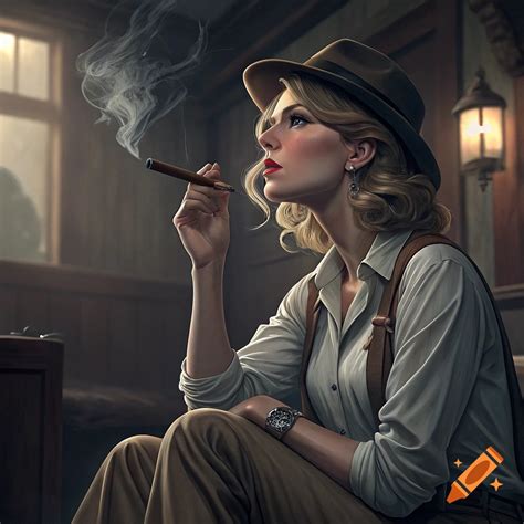 An Illustrated Woman In A Trench Coat Smoking A Cigar Seated In An