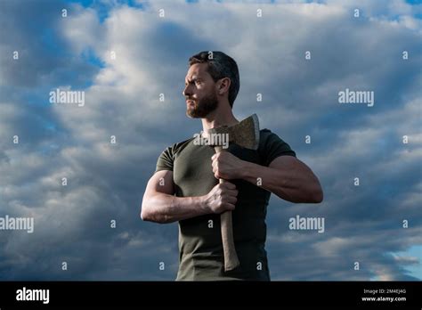 Strong Man With Axe Craftsman Man Hold Ax Brutal Man On Sky Background Stock Photo Alamy
