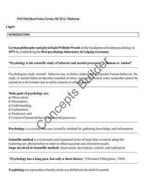 PSY101 Midterm MCQS 2020 Introduction To Psychology Studocu