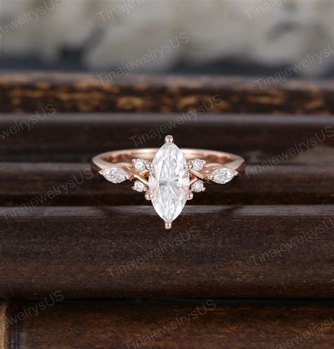 Marquise Cut Engagement Ring Unique Rose Gold Engagement Ring Vintage