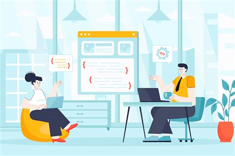 평면 디자인의 프로그래머 작업 개념 동료는 사무실 현장에서 일합니다 남자와 여자 코딩 웹 사이트 응용 프로그램 또는 프로그램