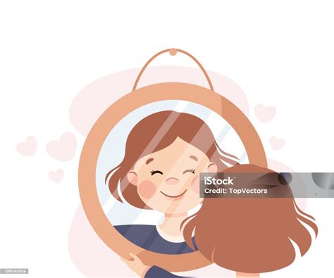 거울을 들여다 보는 어린 소녀와의 자기 사랑 그녀의 외모를 사랑하는 자신을 존경하는 벡터 일러스트 레이 션 거울에 대한 스톡