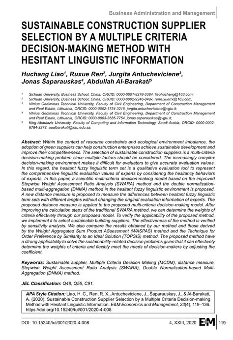 Pdf Sustainable Construction Supplier Selection By A Multiple Criteria Decision Making Method