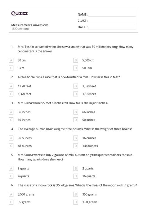 50 Measurement Worksheets For 6th Grade On Quizizz Free And Printable