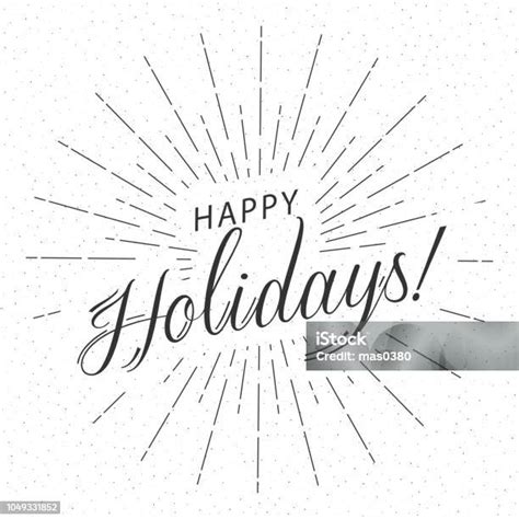 흑백 텍스트 해피 홀리데이 인사말 카드 전단지 포스터 로고 텍스트 글자와 빛의 파열 광선 벡터입니다 즐거운 연말연시 되세요 문구에 대한 스톡 벡터 아트 및 기타 이미지
