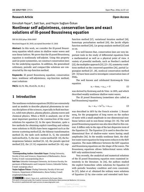 Pdf Nonlinear Self Adjointness Conservation Laws And Exact Solutions Of Ill Posed Boussinesq