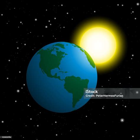 우주에서 행성 지구와 태양 별이 빛나는 밤 검은 배경에 벡터 그림입니다 환상의 세계에 대한 스톡 벡터 아트 및 기타 이미지 환상의 세계 0명 3차원 형태 Istock